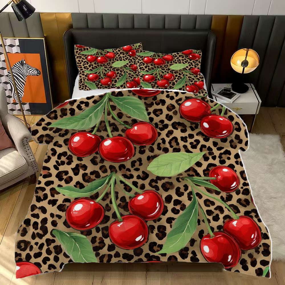 Cherries Leopard Print Seamless Pattern Comforter Set King Size Bedding ...
