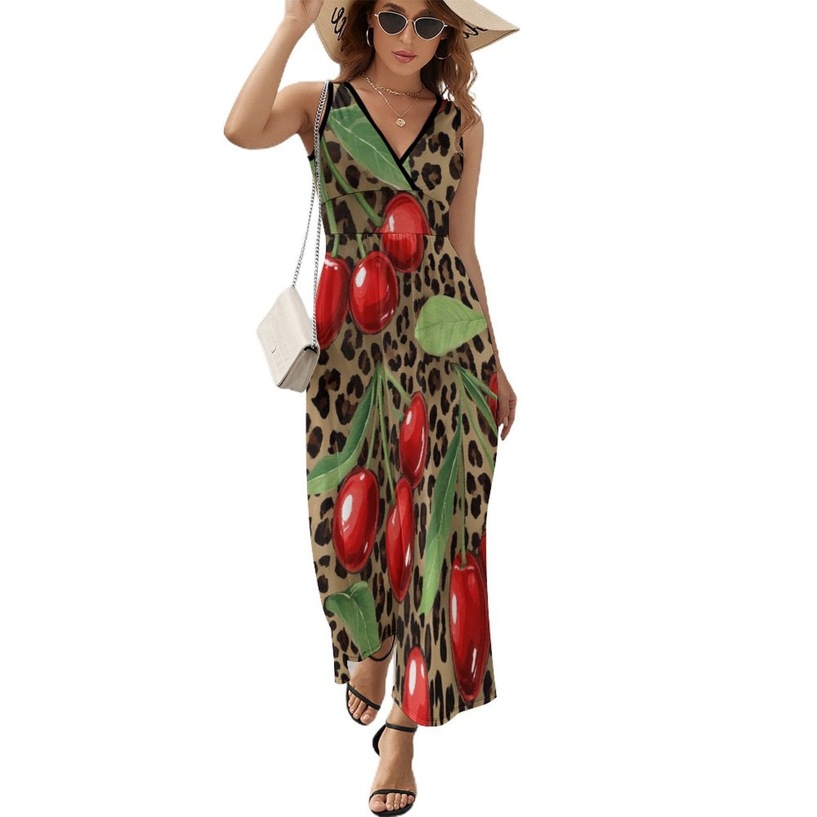 Cherries Leopard Print Seamless Pattern Sleeveless Dress Summer Women ...