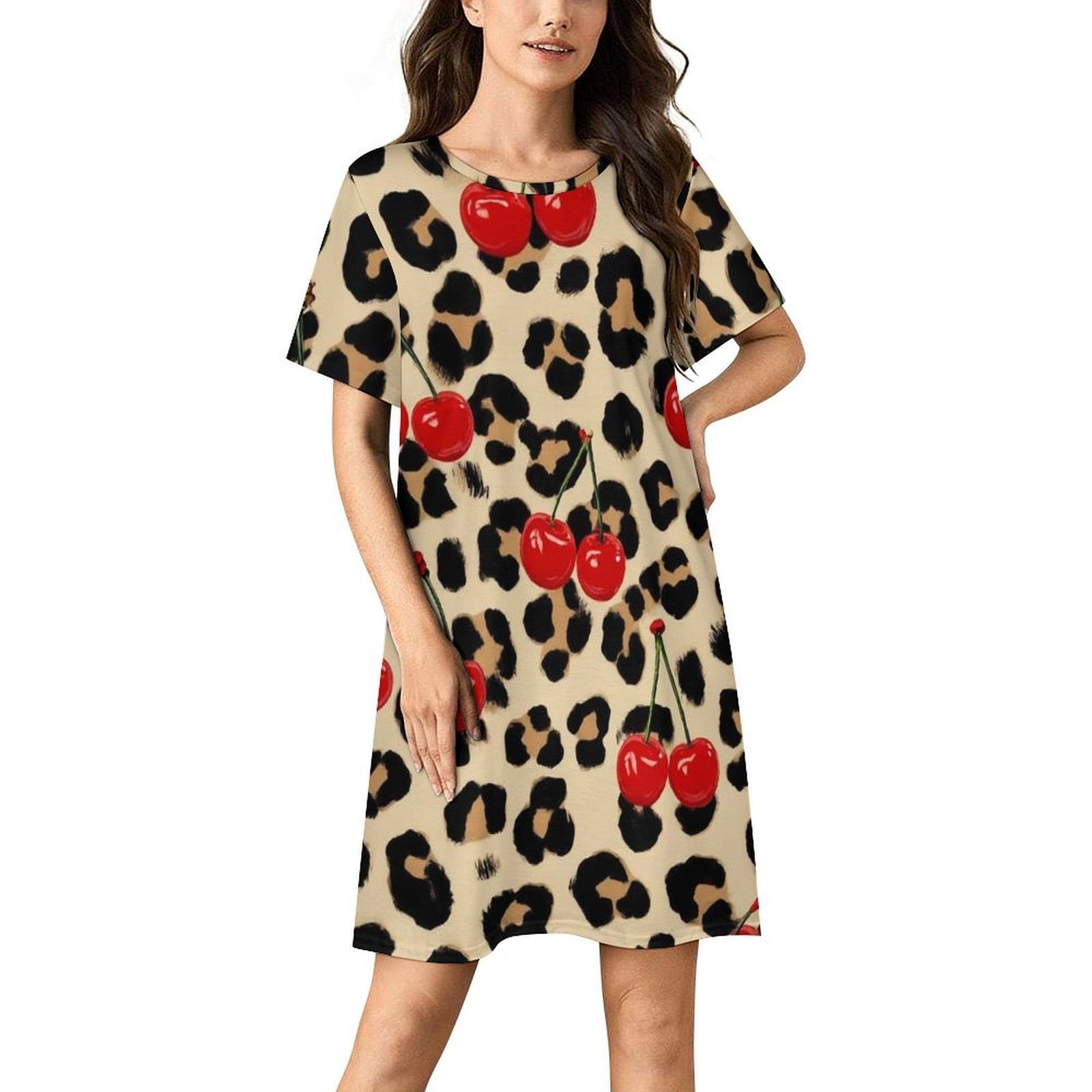 Cherries Leopard Print Seamless Pattern Women Nightgown Sleepwear Short ...