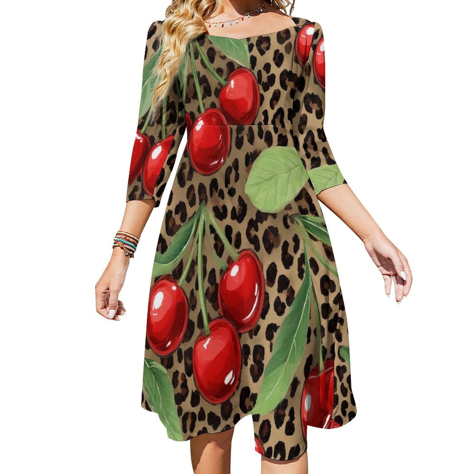 Cherries Leopard Print Seamless Pattern Women's Fall Dresses Casual ...