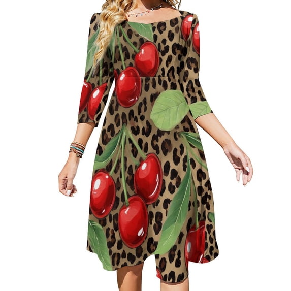 Cherries Leopard Print Seamless Pattern Women's Fall Dresses Casual ...