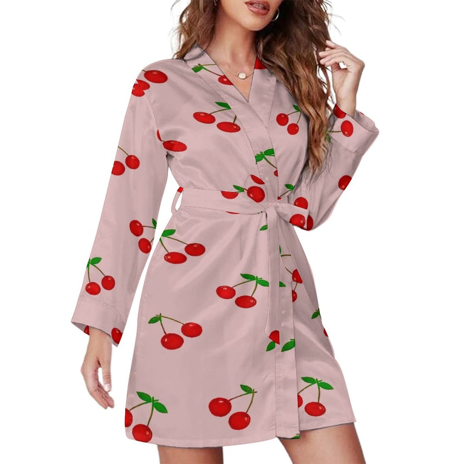 Cherries Night Robe Long Sleeve V Neck Robe With Belt Women's Sleepwear ...