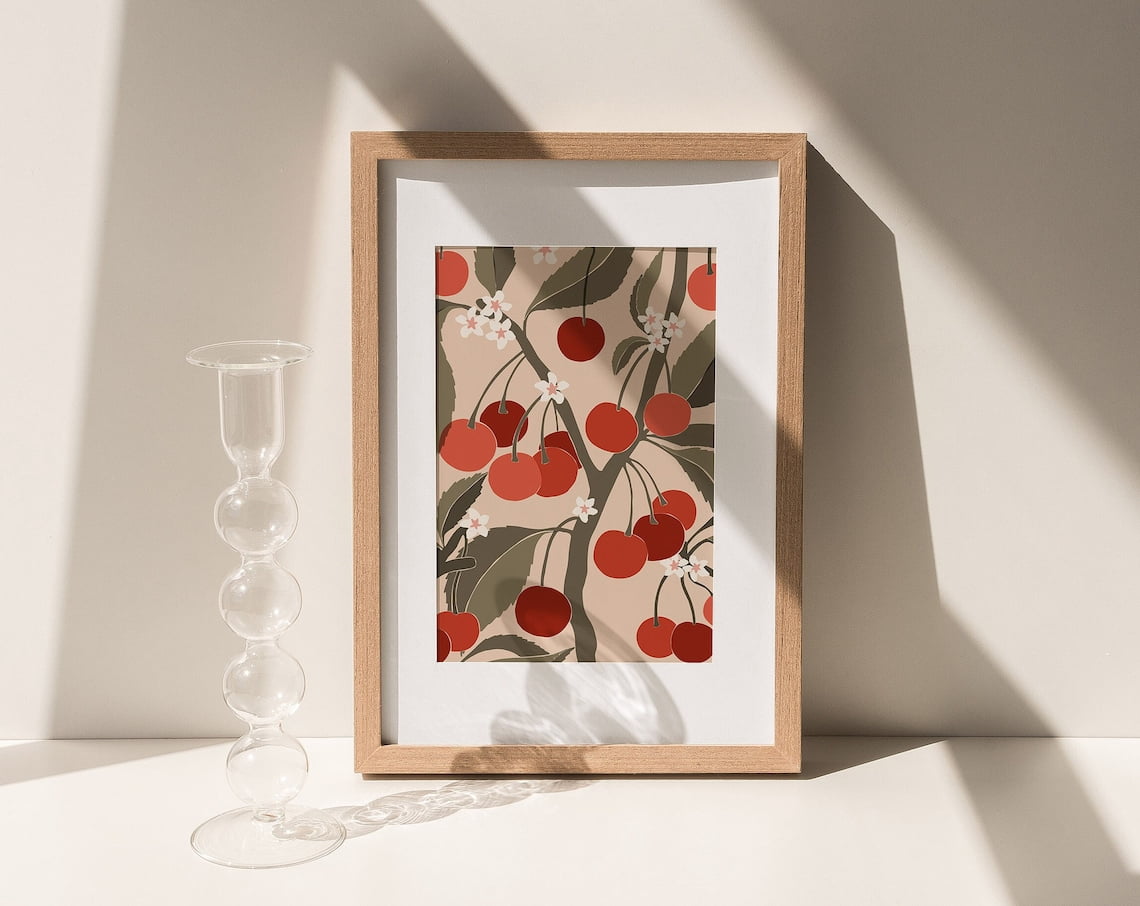 Cherries Print, Abstract Wall Art, Botanical Poster, Cherry ...