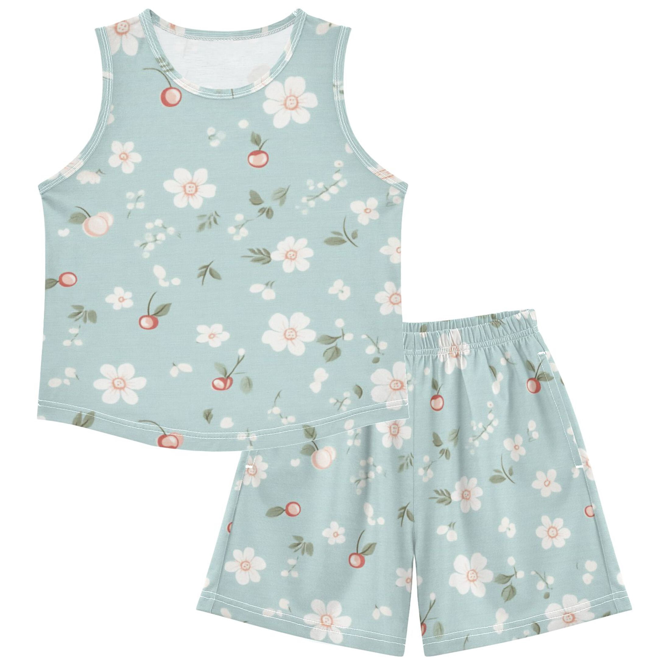 Cherries White Florals Leaves Pajamas Set Sleeveless Sleepwear Tank ...