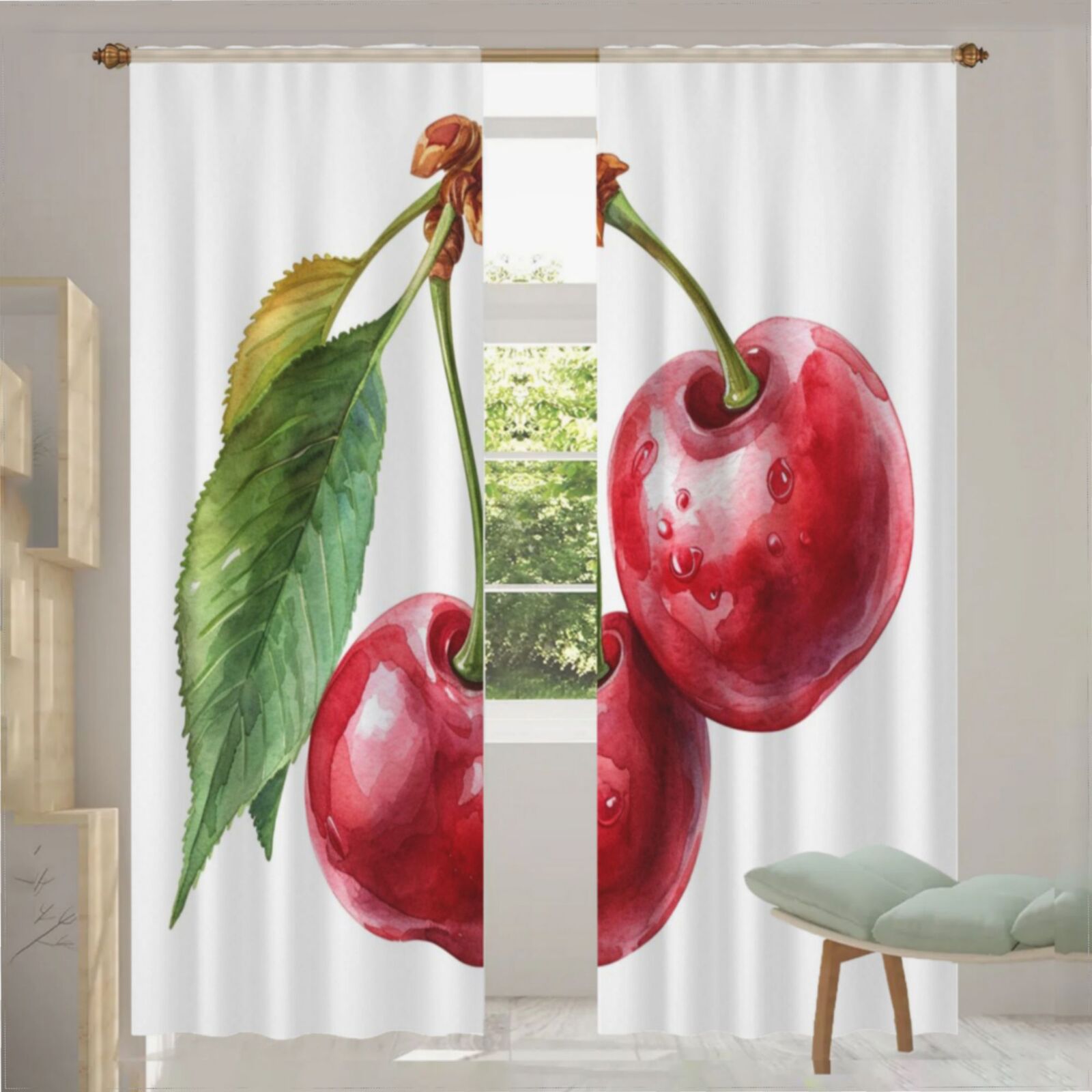 Cherries With Leaf On Top Of Them Curtains for Living Room Bedroom ...