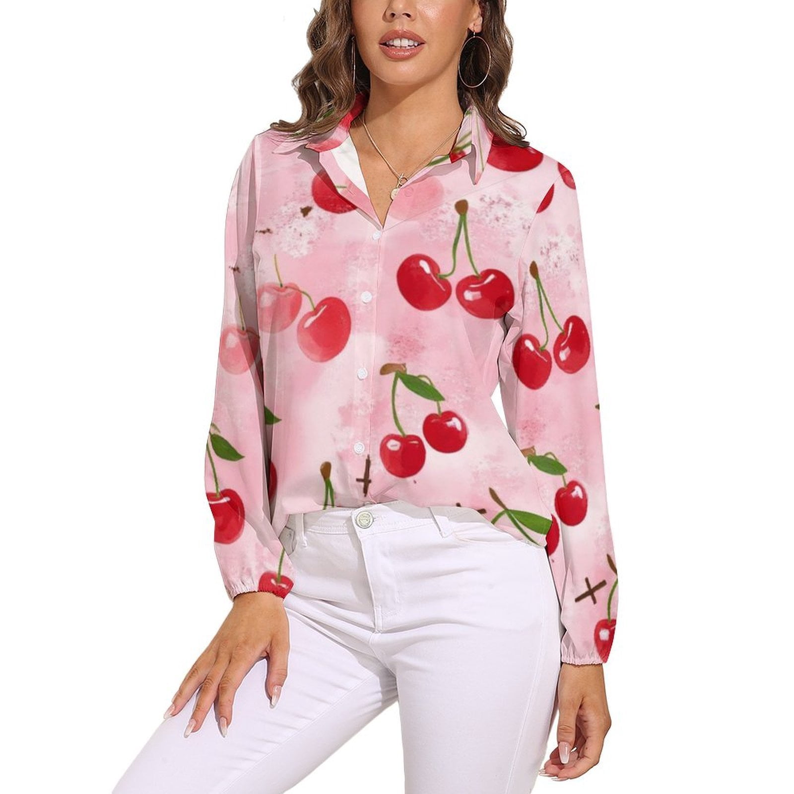 Cherries on Cherry Blossoms-2 Long Sleeve Blouse Woman Streetwear ...