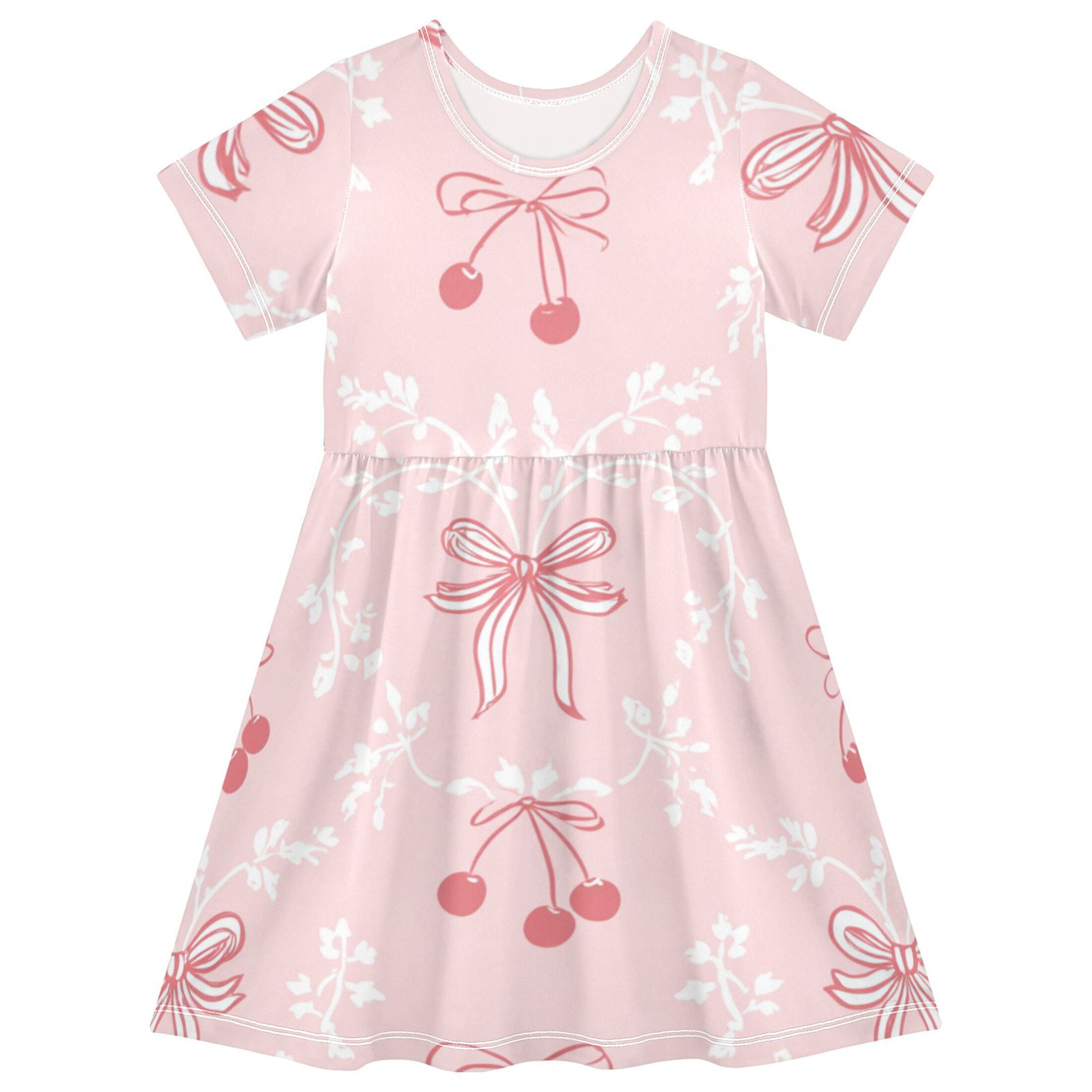 Cherries with Pink Bows Elegant Girls' Short Sleeve Dress A-Line One ...