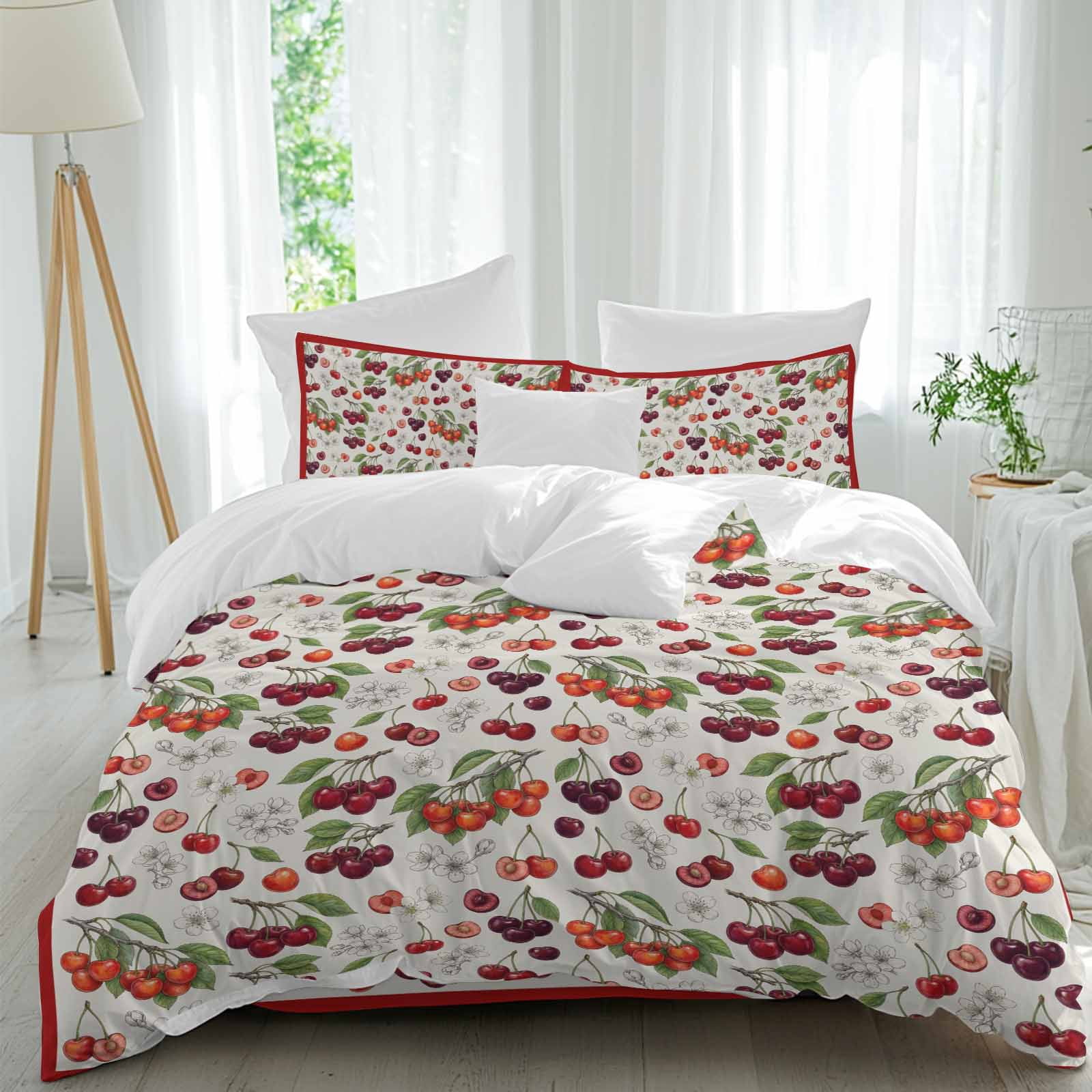 Cherry 4 Piece Duvet Cover Set Twin Size Retro Pink Red Cherry White ...