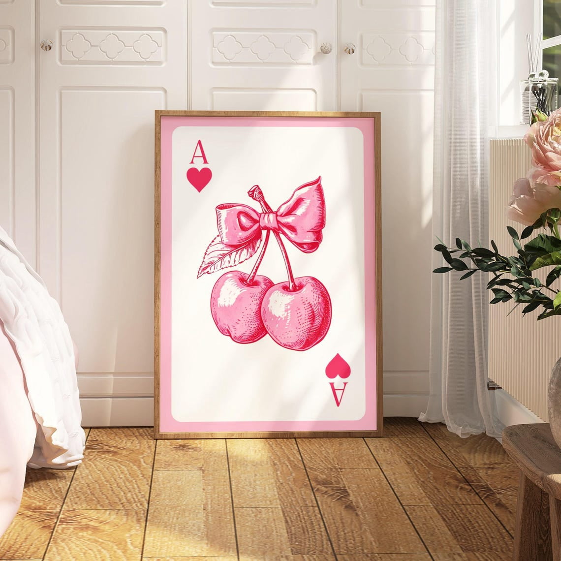 Cherry Ace Heart Playing Card Pink Wall Art Print, Living Room And ...