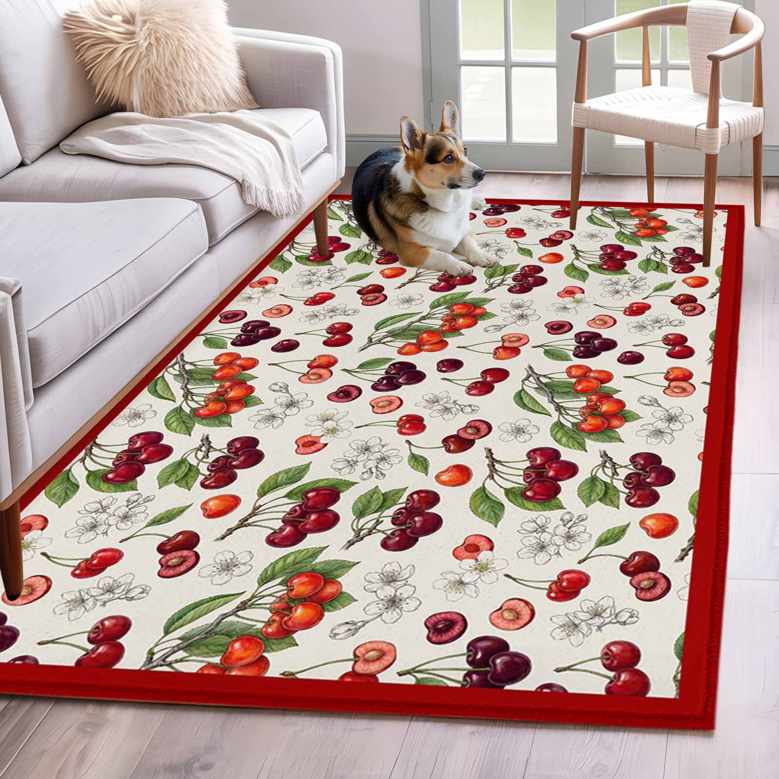Cherry Area Rugs 4x6 ft Retro Pink Red Cherry White Floral Beige ...