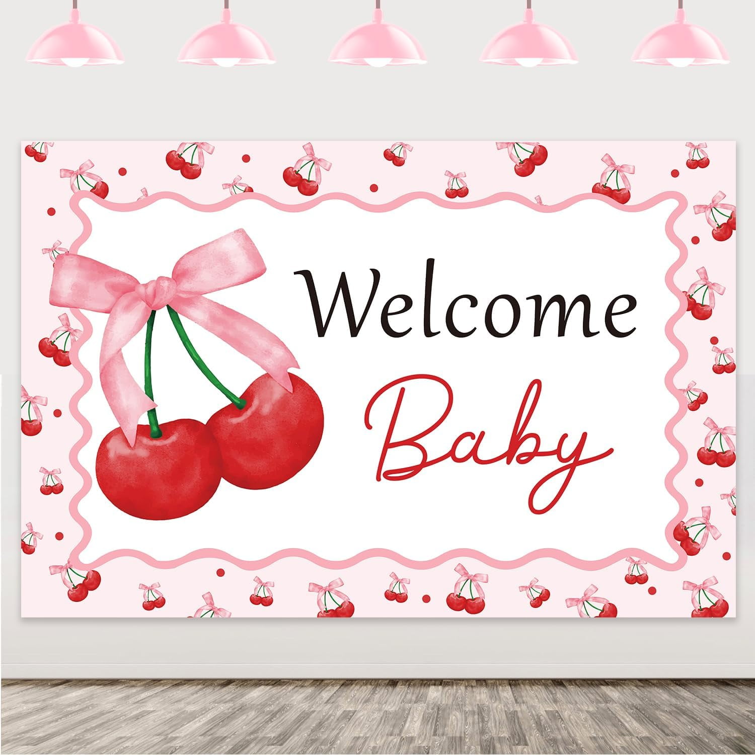 Cherry Baby Shower Backdrop Coquette Cherry Welcome Baby Backdrop Bow ...