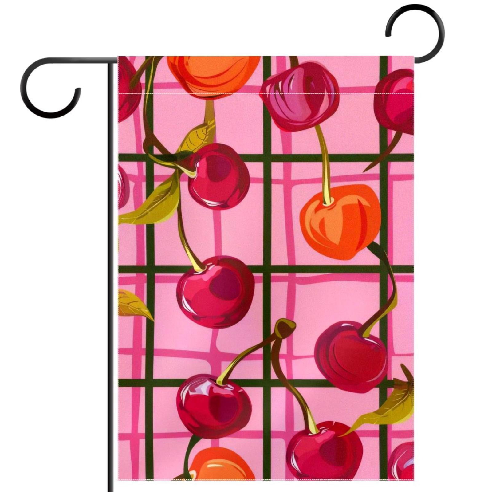 Cherry Berries on Plaid Geometric Background Double Sided Garden Flag ...