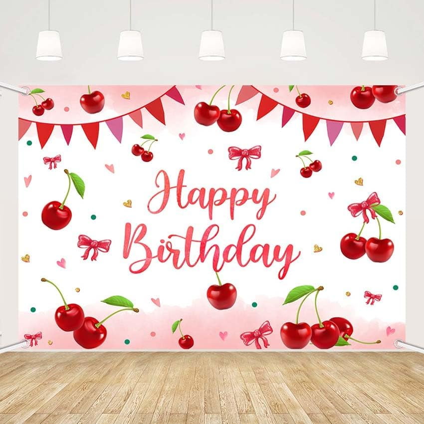 Cherry Birthday Backdrop, Coquette Bow Birthday Background Cherry with ...