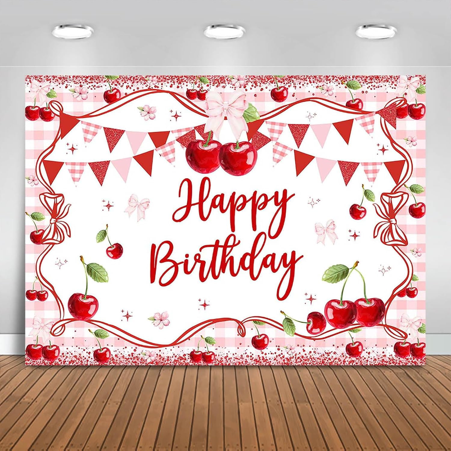 Cherry Birthday Backdrop Pink Bow Happy Birthday Background Party ...