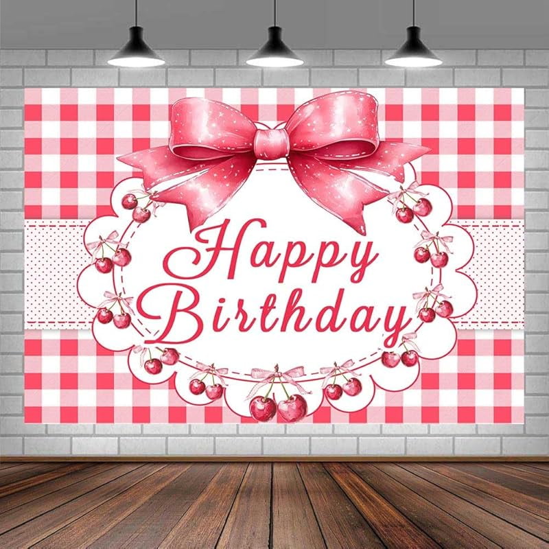 Cherry Birthday Backdrop Pink Plaid Bow Girls Banners Decorations Red ...