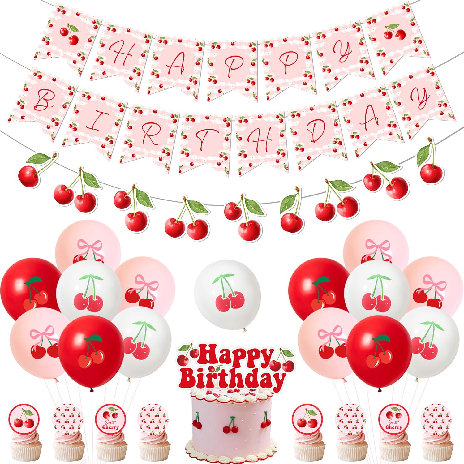 Cherry Birthday Decorations, Cute KEF16 Happy Birthday Banner Garland ...