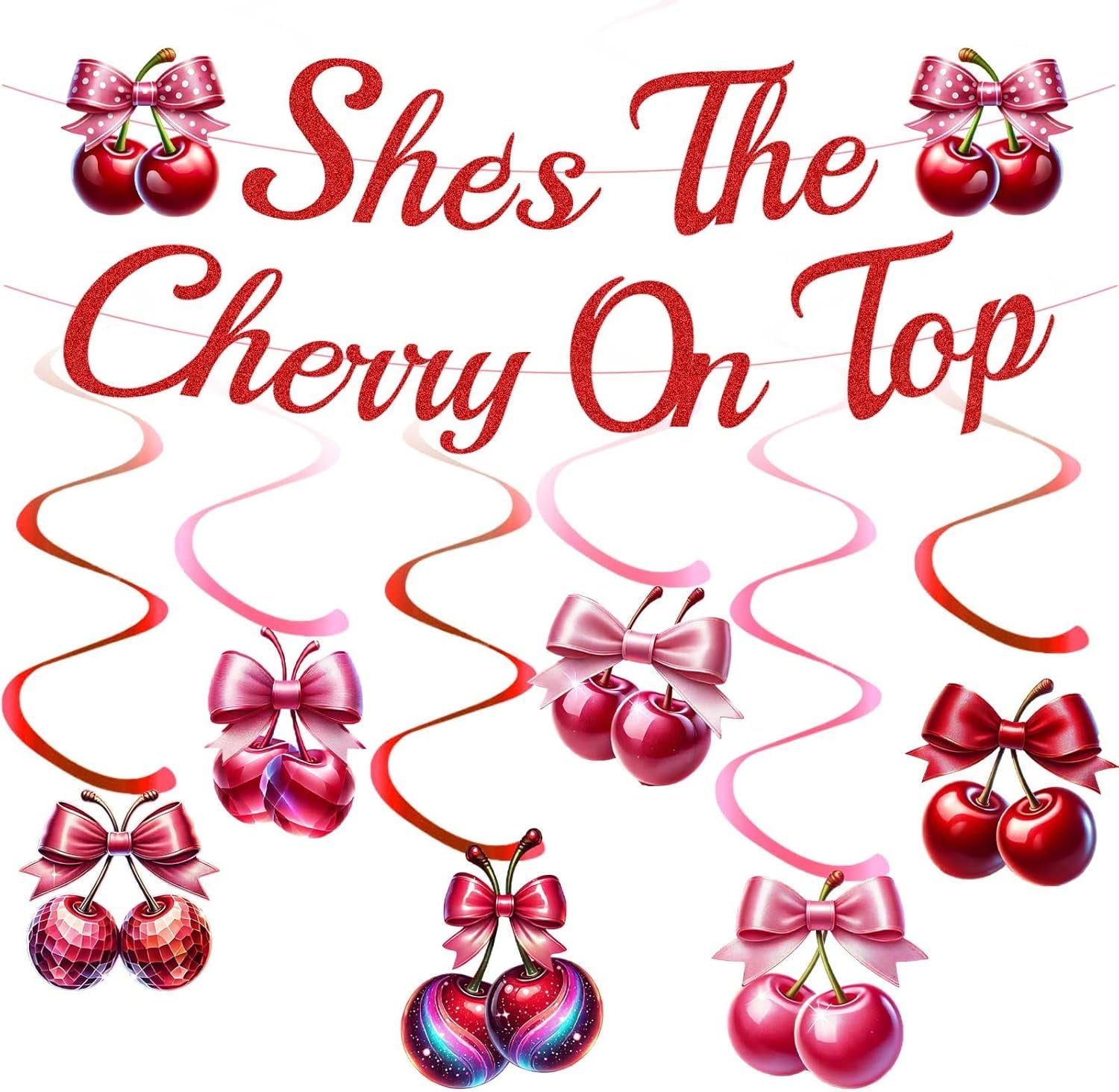 Cherry Birthday Party Decorations - 13 Pcs Pink Bow Hanging Swirls Sets ...