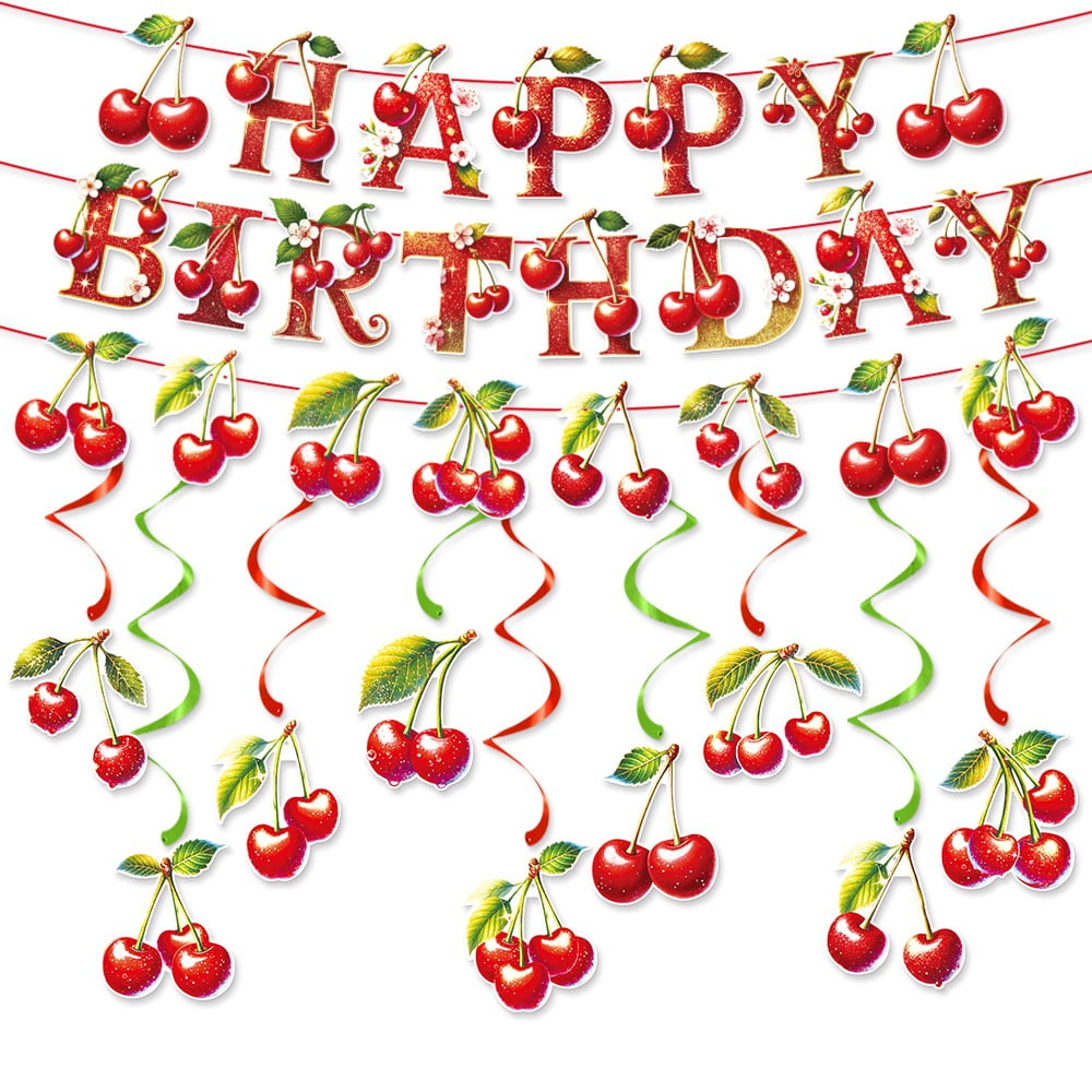 Cherry Birthday Party Decorations, Cherry Themed Happy Birthday Banner ...
