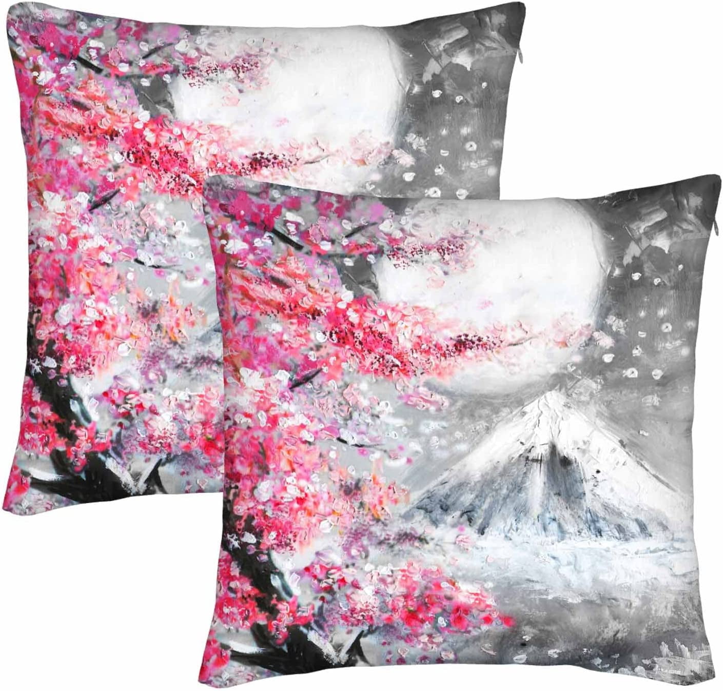 Cherry Blossom 2 Pcs Square Pillow Covers Mountain Moon Tree Oil ...