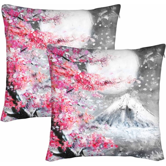 Cherry Blossom 2 Pcs Square Pillow Covers Mountain Moon Tree Oil ...