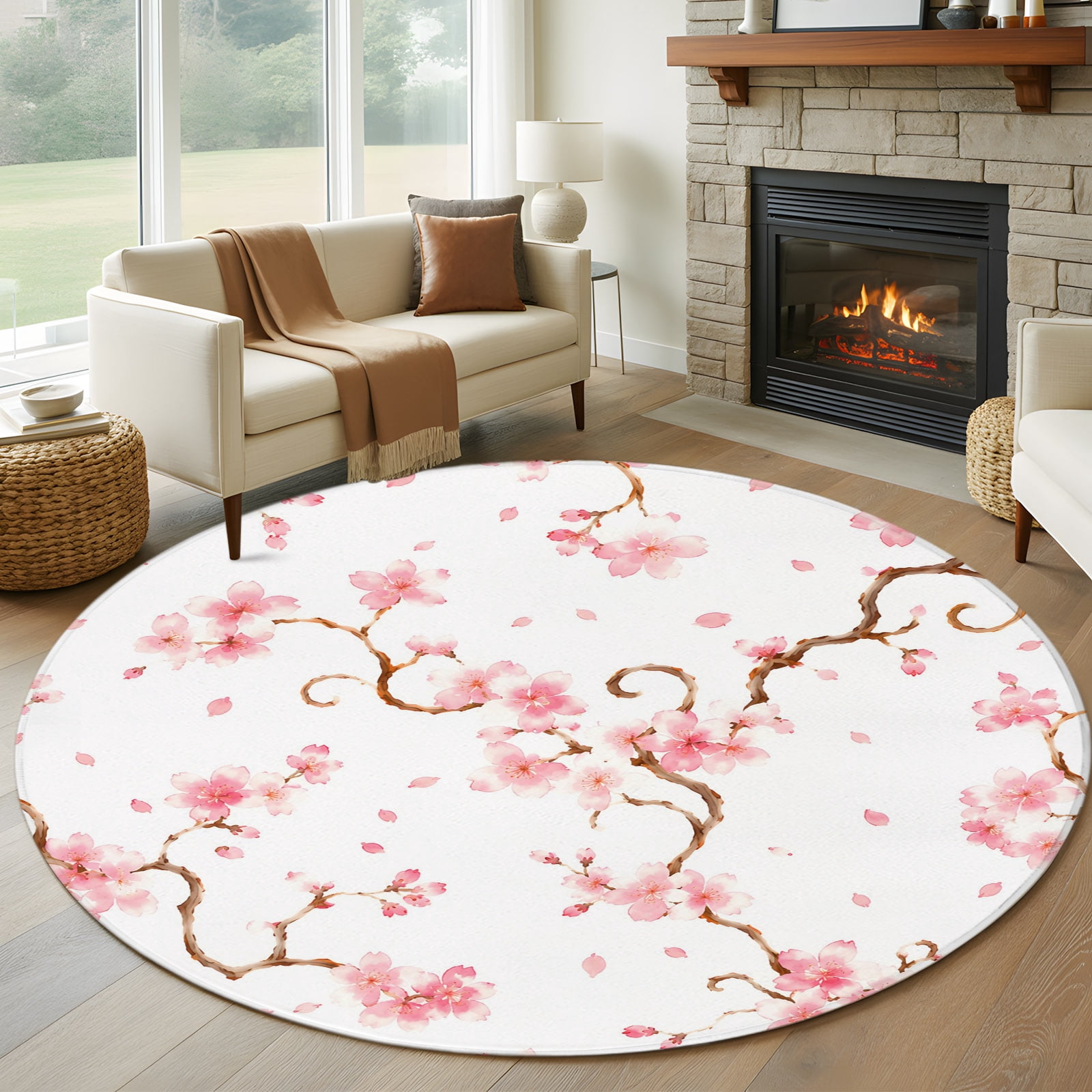 Cherry Blossom 7FT Round Area Rugs for Living Room Rustic Oriental Pink ...