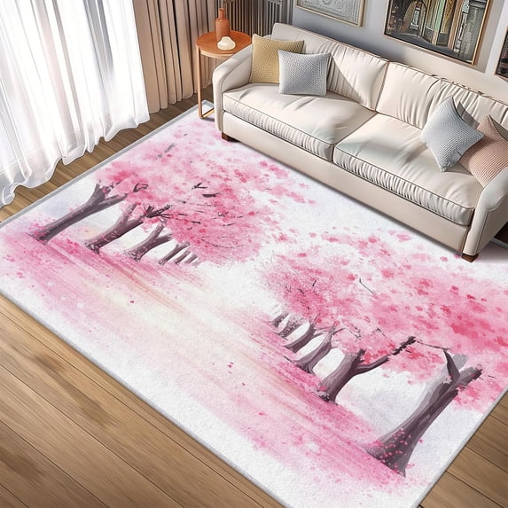 Cherry Blossom Area Rugs, Pink Tree Floral Pattern Carpet, Washable Non ...
