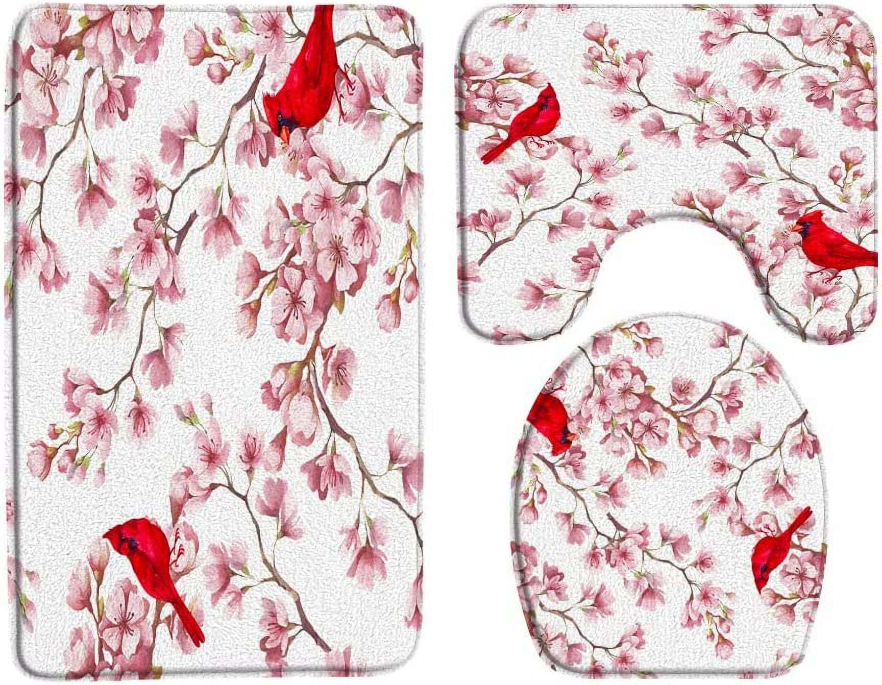 Cherry Blossom Bath Mat Red Bird Flower Plum Peach Blossom Japanese Asian Oriental Spring Tree ...