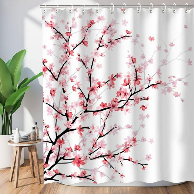 Cherry Blossom Bathroom Curtain with 12 Hooks, Pink Floral Shower ...