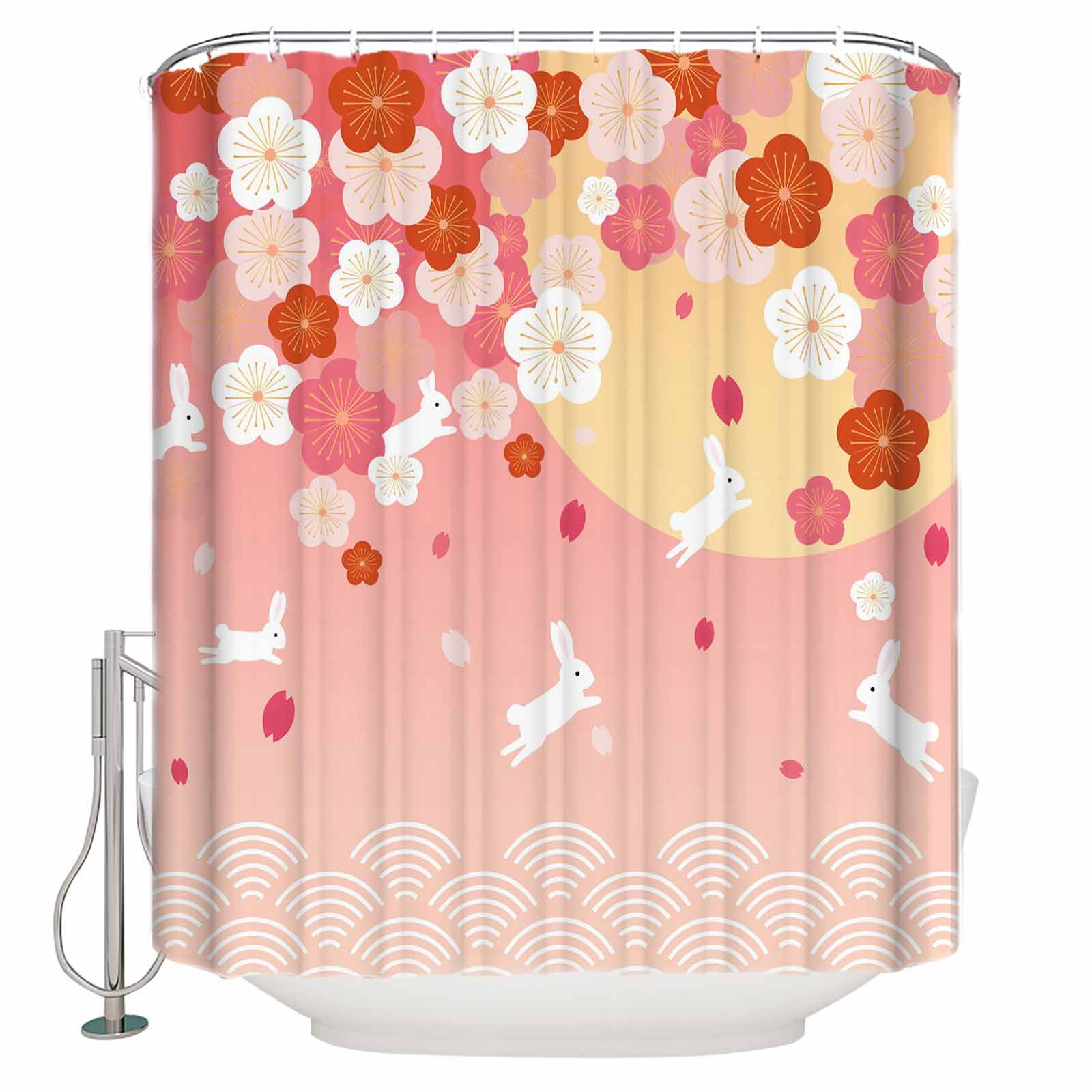 Cherry Blossom Bathroom Shower Curtains with 12 Hooks Polyester ...