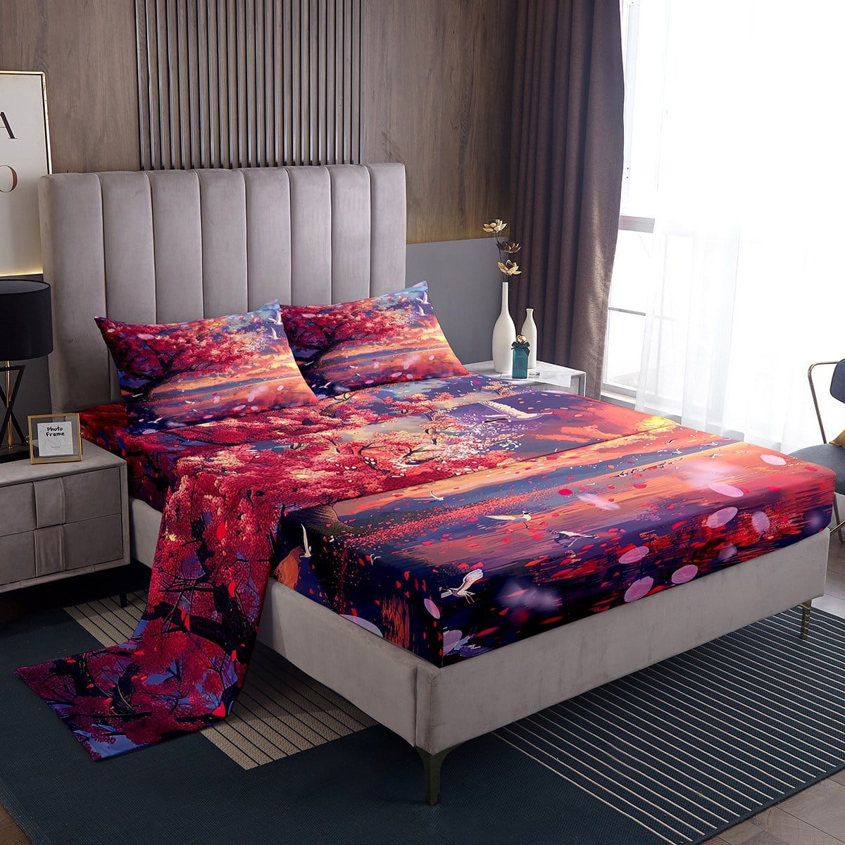 Cherry Blossom Bed Sheets Set White Crane Birds Queen Sheet Set ...