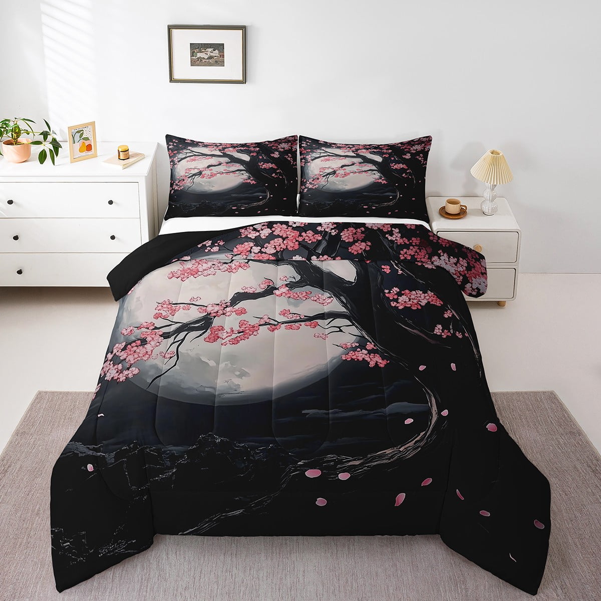 Cherry Blossom Bedding Set Twin Japanese Style Comforter Set Night Moon ...