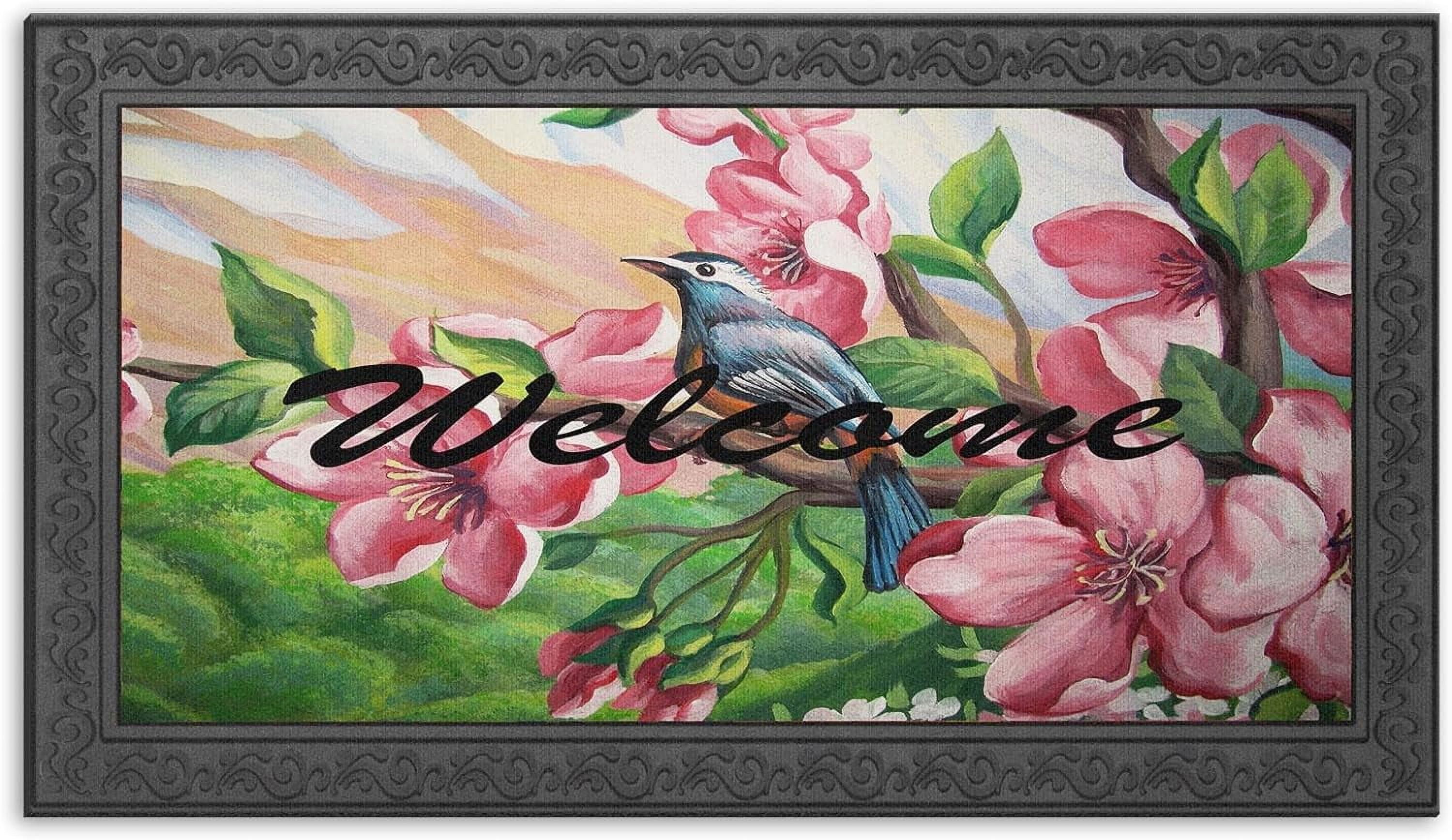Cherry Blossom Bird Door Mat, 18x30 Inch Spring Flower Green Welcome ...