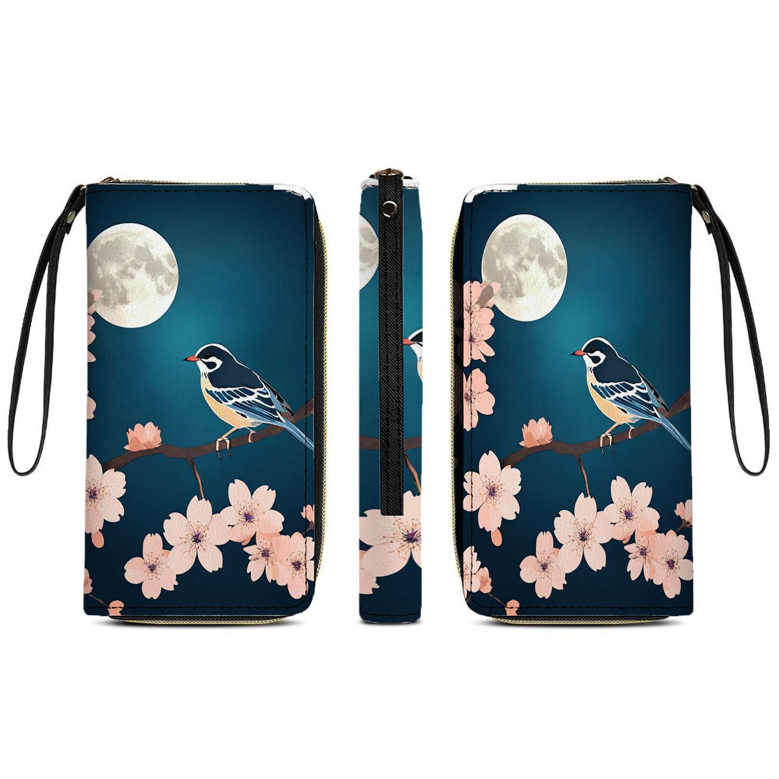 Cherry Blossom Bird Moon Long Wallets For Women PU Leather Purse Card ...