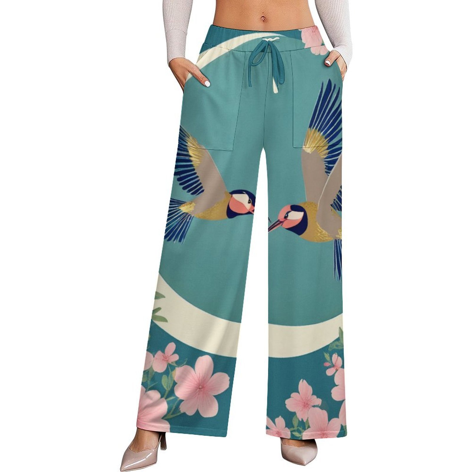Cherry Blossom Birds Art Print Women's Casual Wide Leg Pants Comfort ...