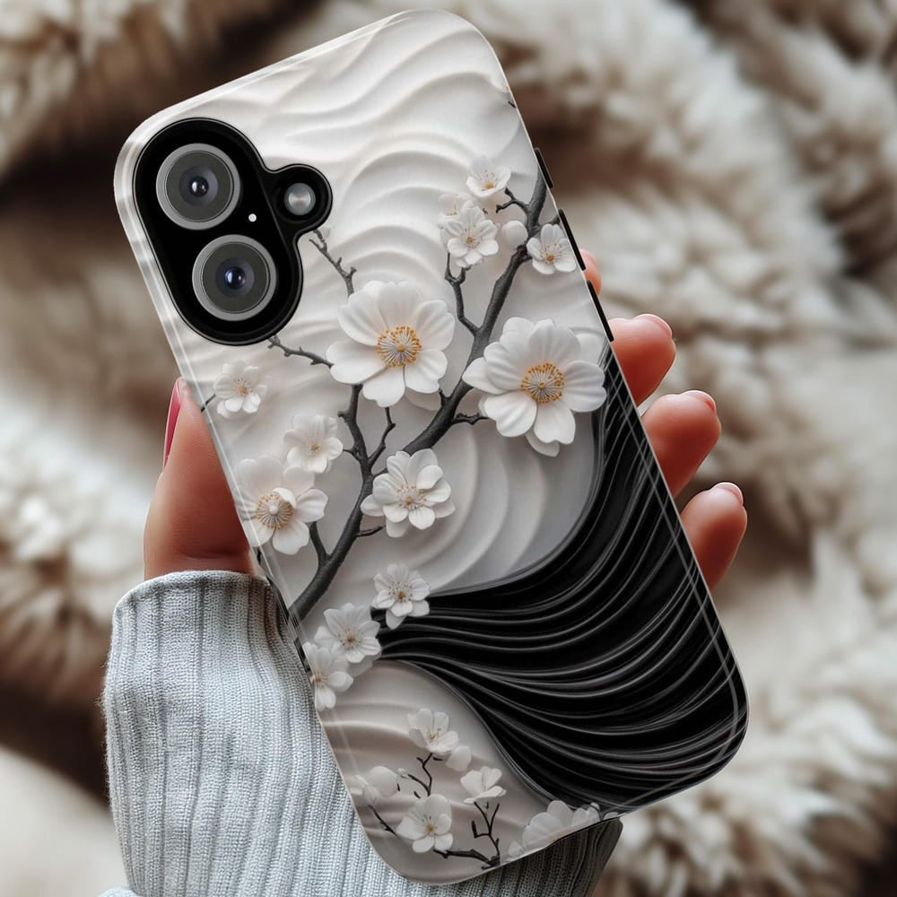 Cherry Blossom Black and White Japanese Phone Case with iPhone 17 to 11 ...