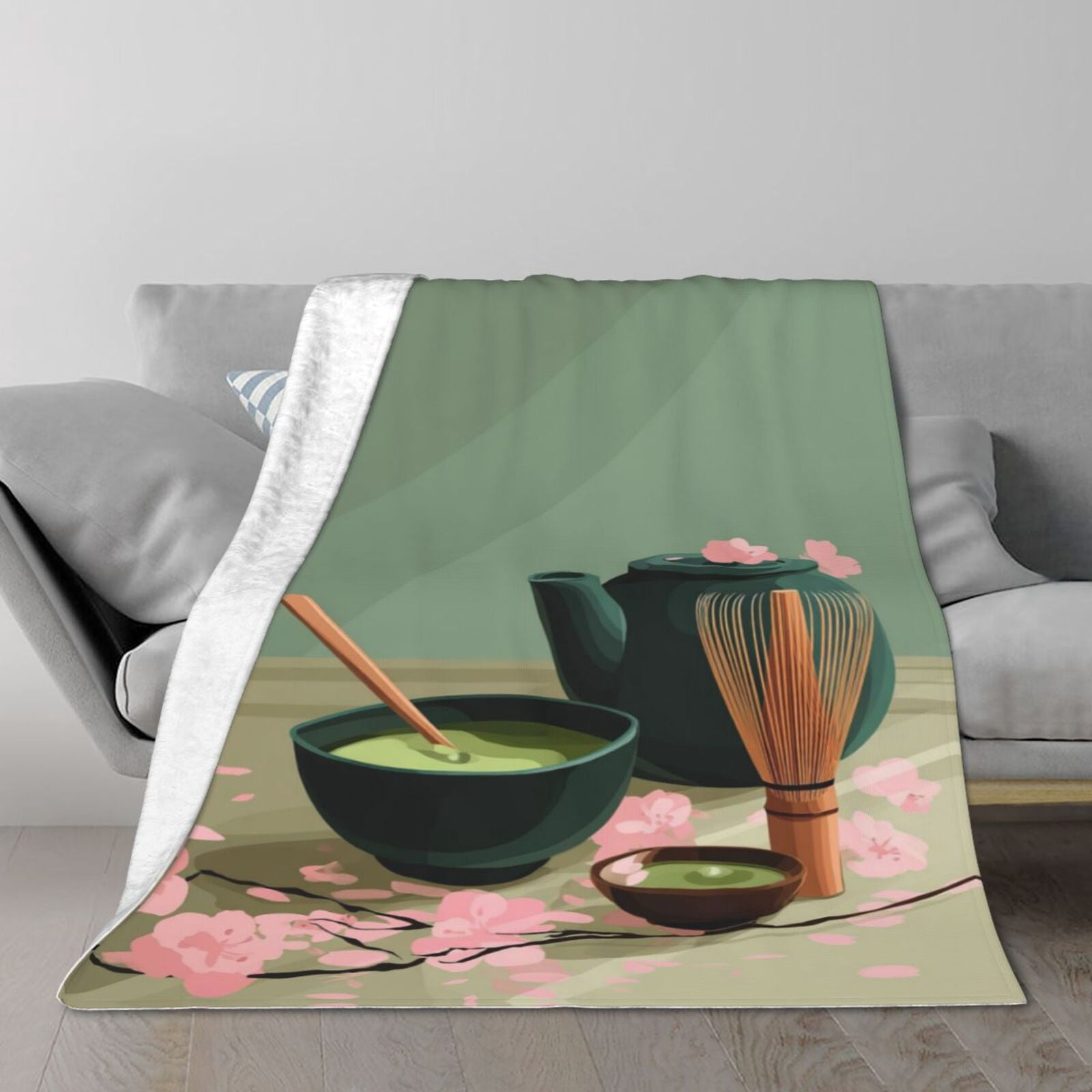 Cherry Blossom Blanket Minimalist Zen Throw, Green Teapot Floral Soft ...
