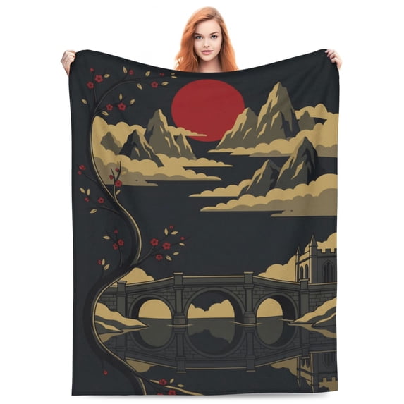 Cherry Blossom Blanket, Red Sun Mountain Bridge Floral Zen Throw, Gifts ...