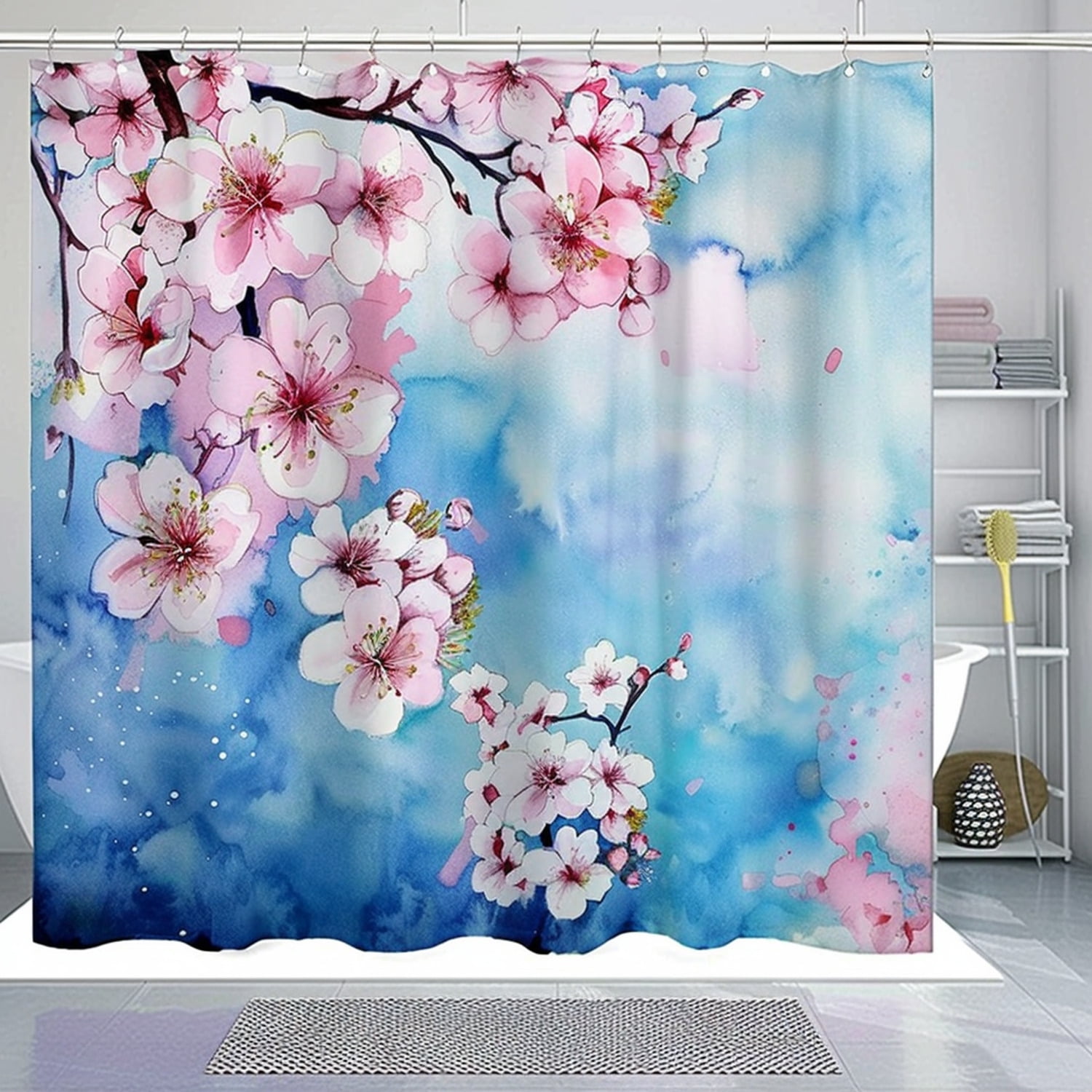 Cherry Blossom Bliss Watercolor Floral Shower Curtain With Blue And