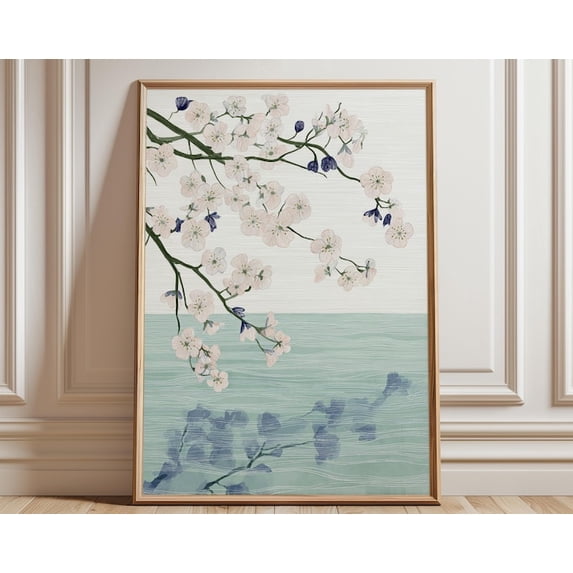 Cherry Blossom Botanical Floral Soft Blue Green Wall Art Print ...