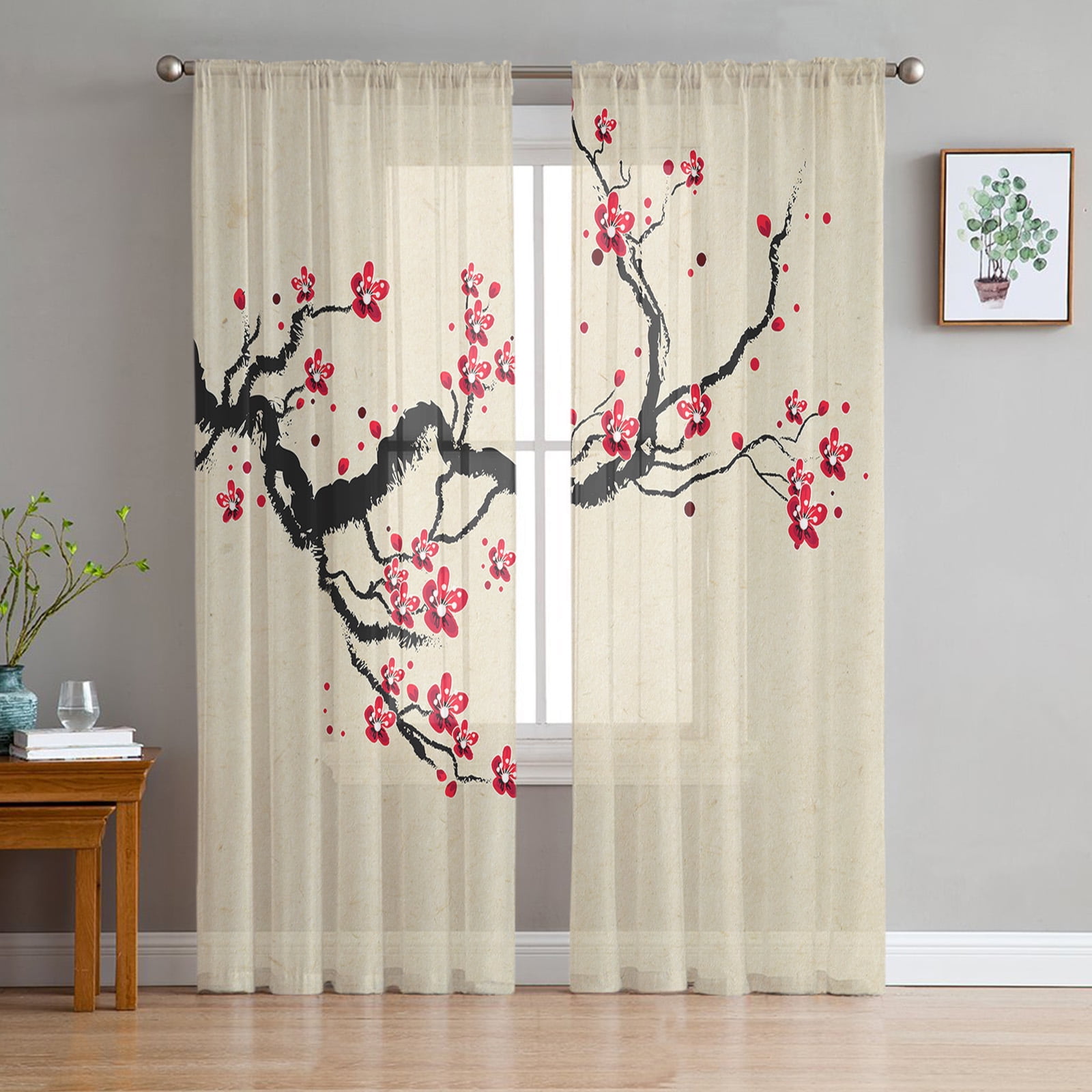 Cherry Blossom Branch Flower Chinese Style Sheer Curtains for Living ...