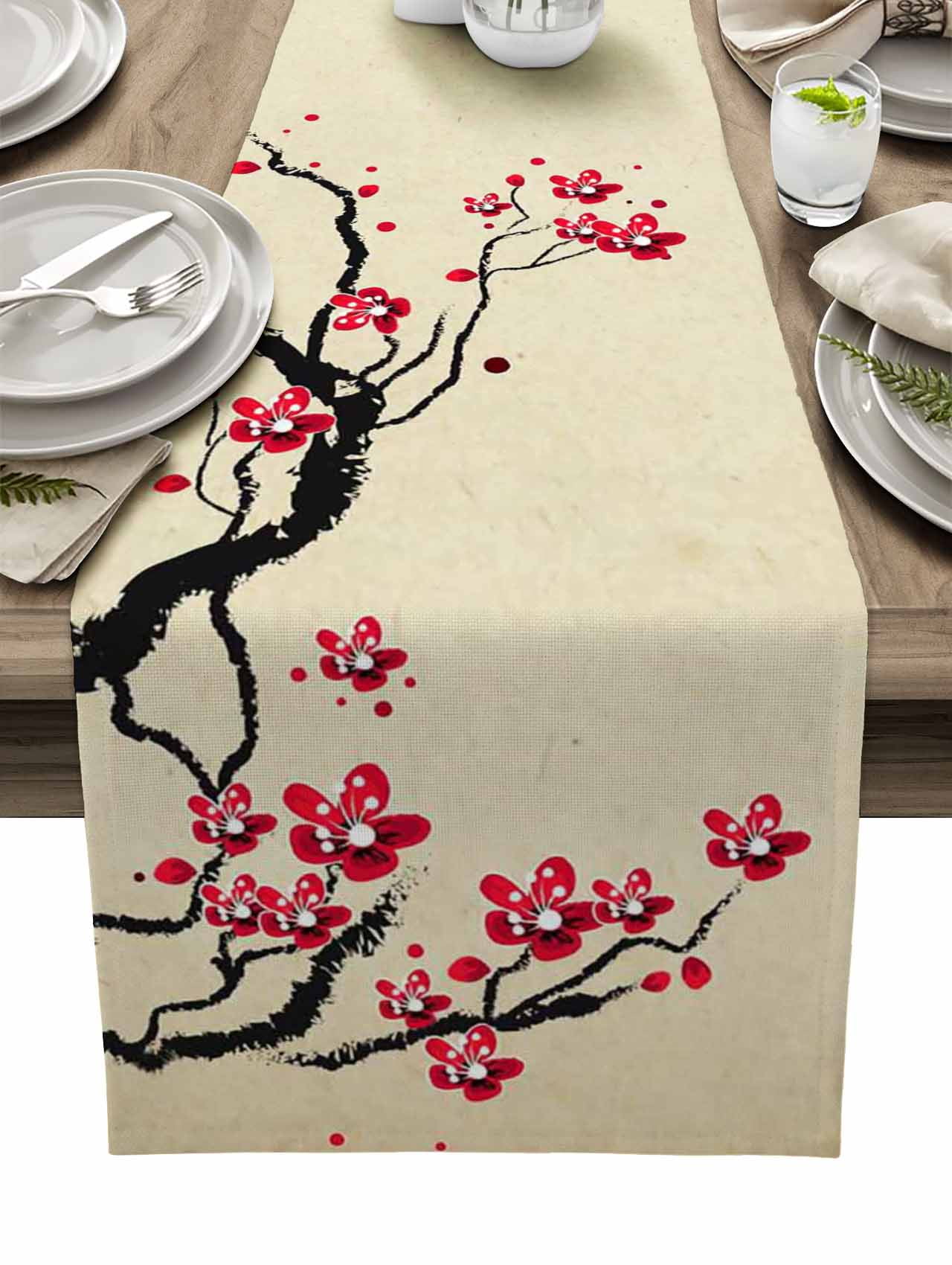 Cherry Blossom Branch Flower Style Linen Table Runners Wedding r Coffee ...