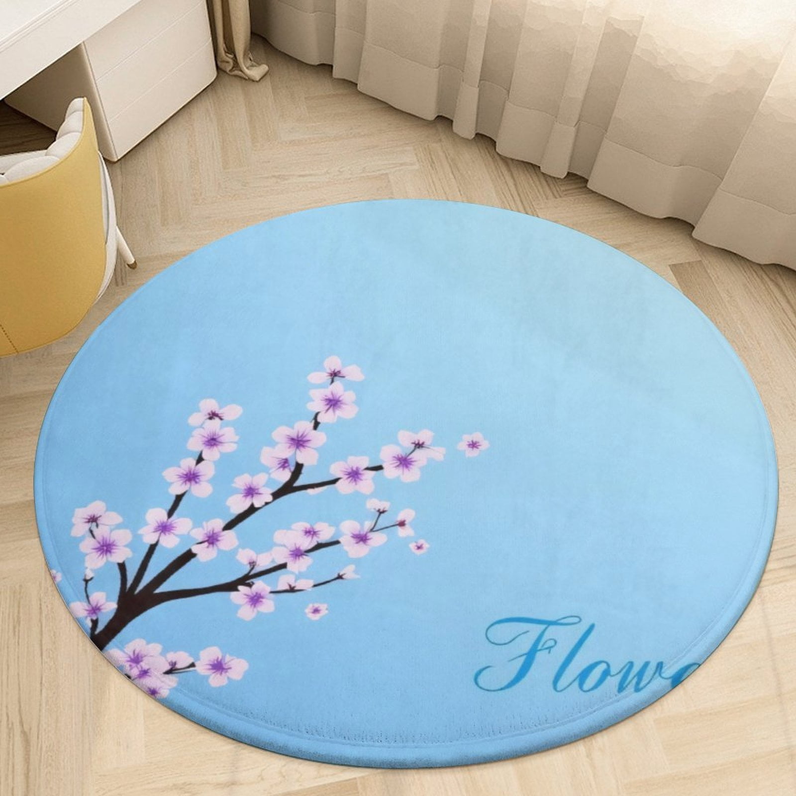 Cherry Blossom Branch Illustration Round Area Rugs for Bedroom Living ...