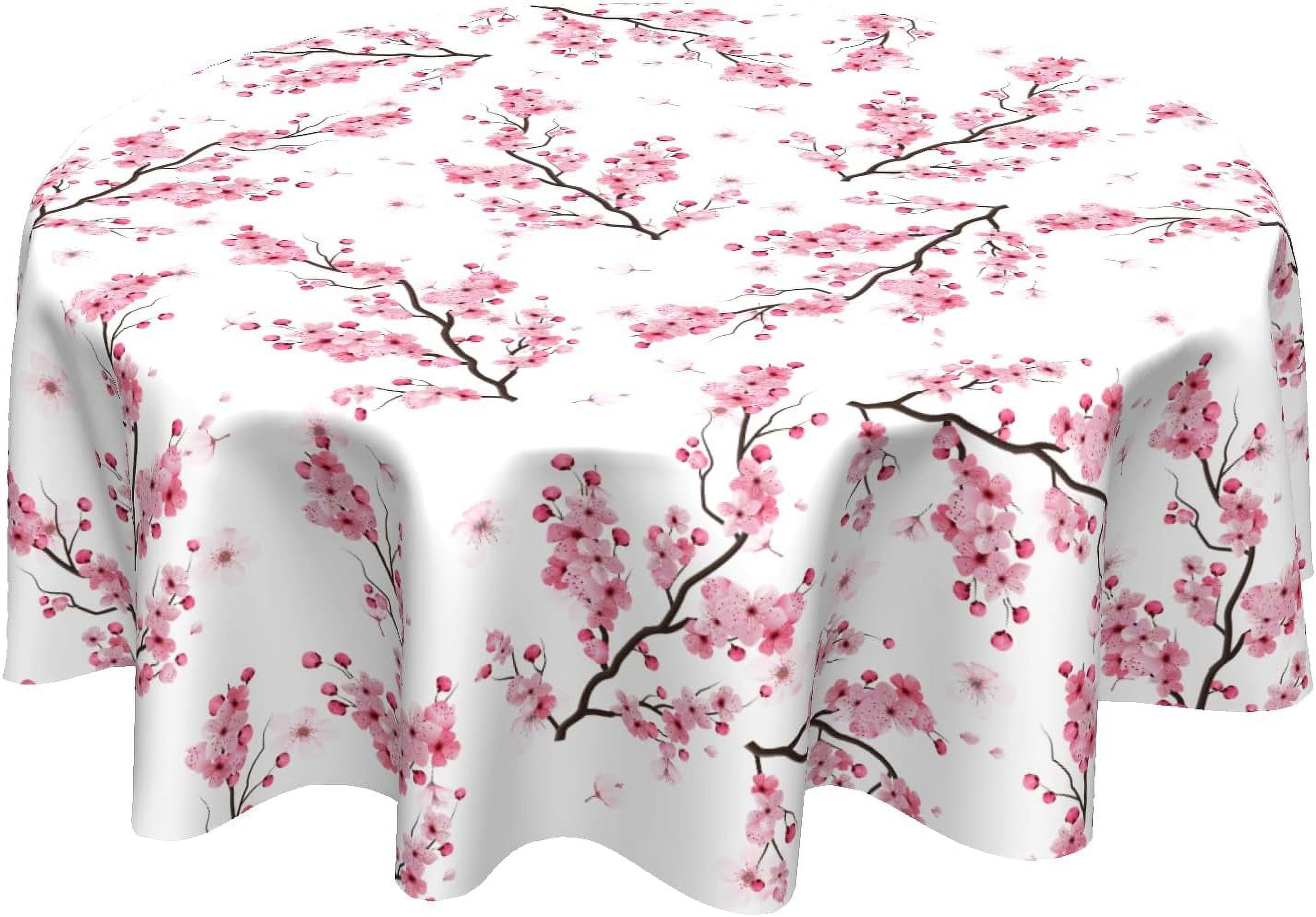 Cherry Blossom Branche Tablecloth Round 60 Inch Vintage Pink Floral ...