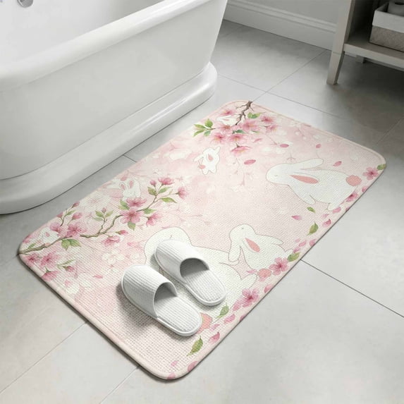 Cherry Blossom Bunny Bathroom Rugs Non Slip Washable Bath Mat Absorbent ...