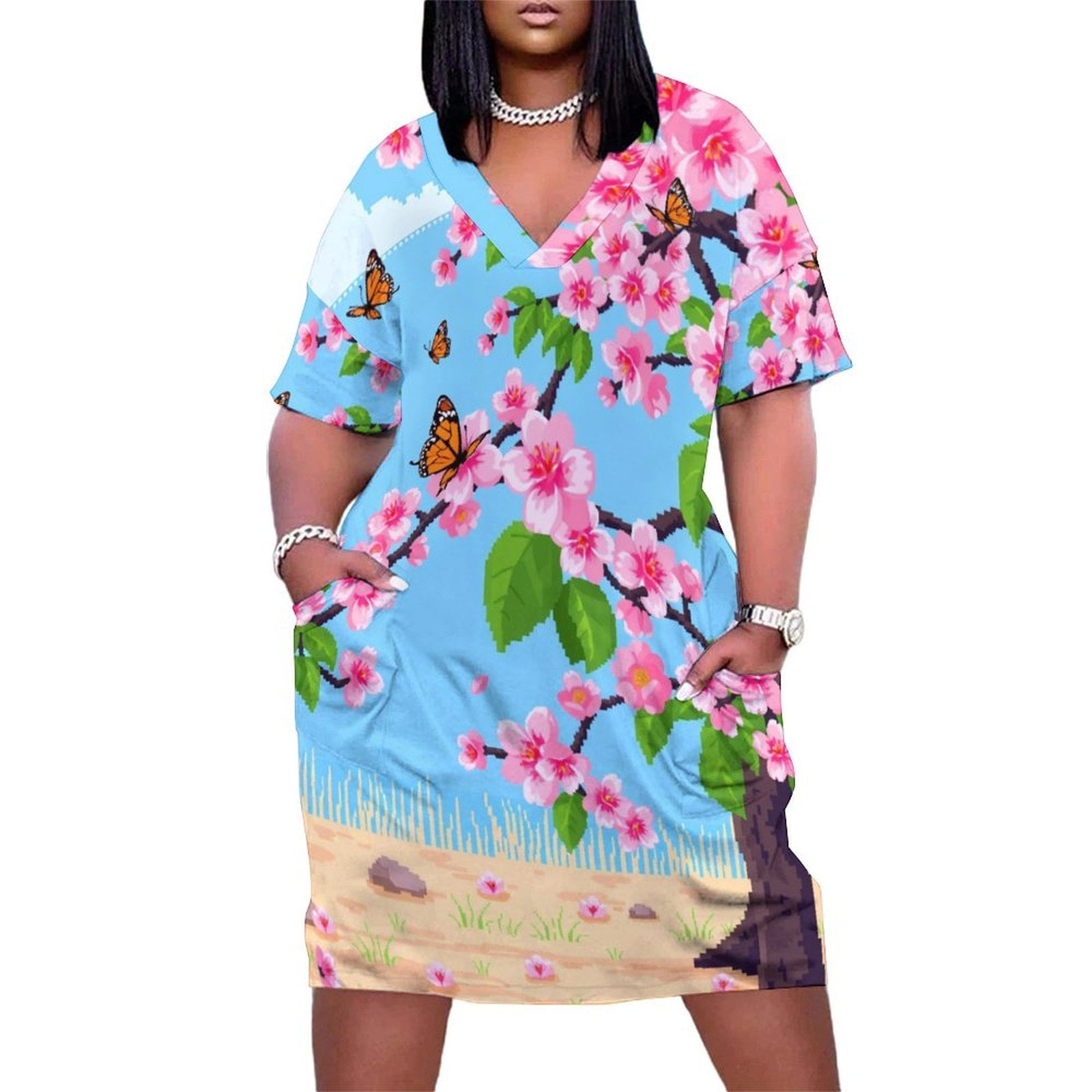 Cherry Blossom Butterflies Spring Loose Pocket Dress Elegant Women"s Dresses for Wedding Wedding ...