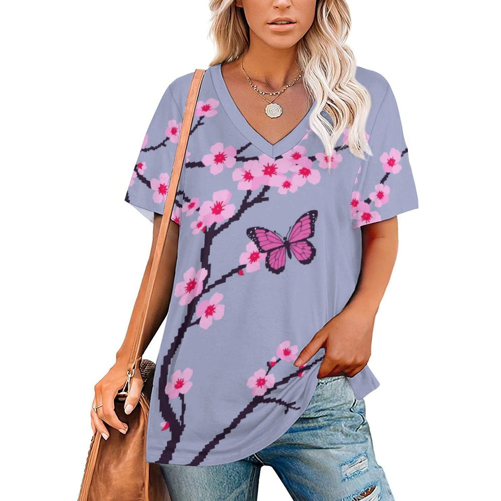 Cherry Blossom Butterfly Art V Neck Fashion Oversize T-Shirt Short Sleeve Aesthetic Tee Shirt ...