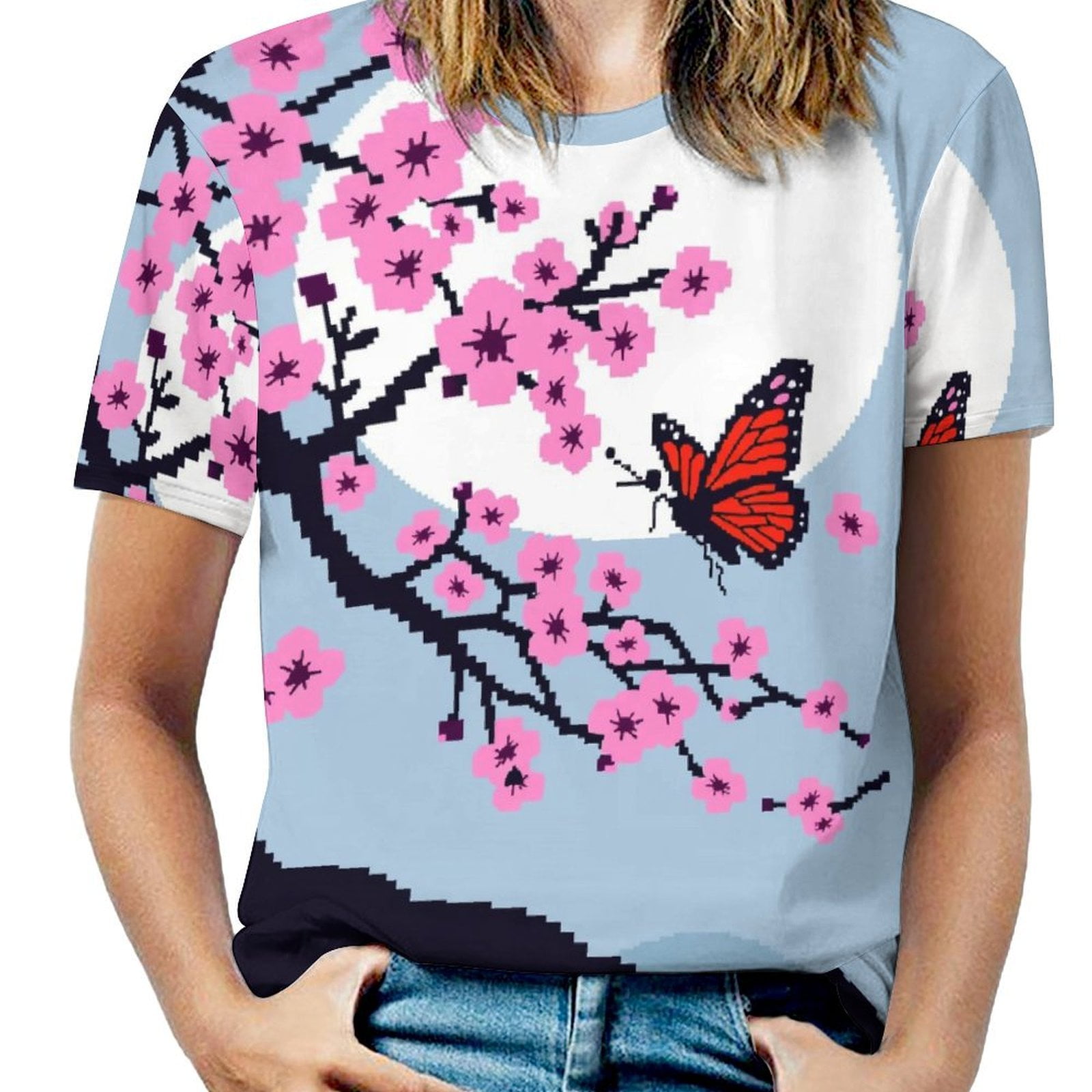 Cherry Blossom Butterfly Moon T Shirt O Neck Overd T Shirts Short ...