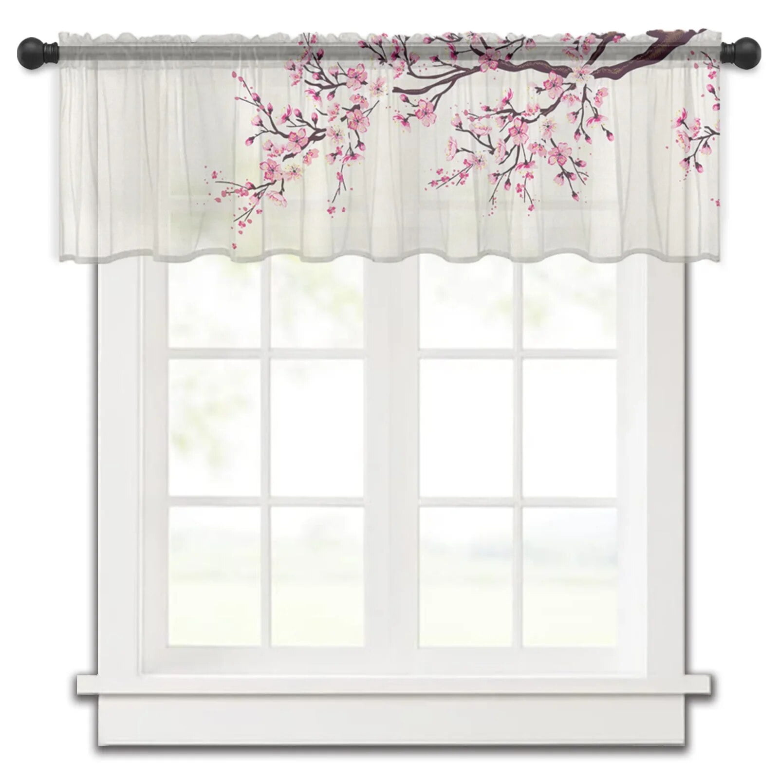 Cherry Blossom Butterfly Pink Kitchen Small Window Curtain Tulle Sheer ...