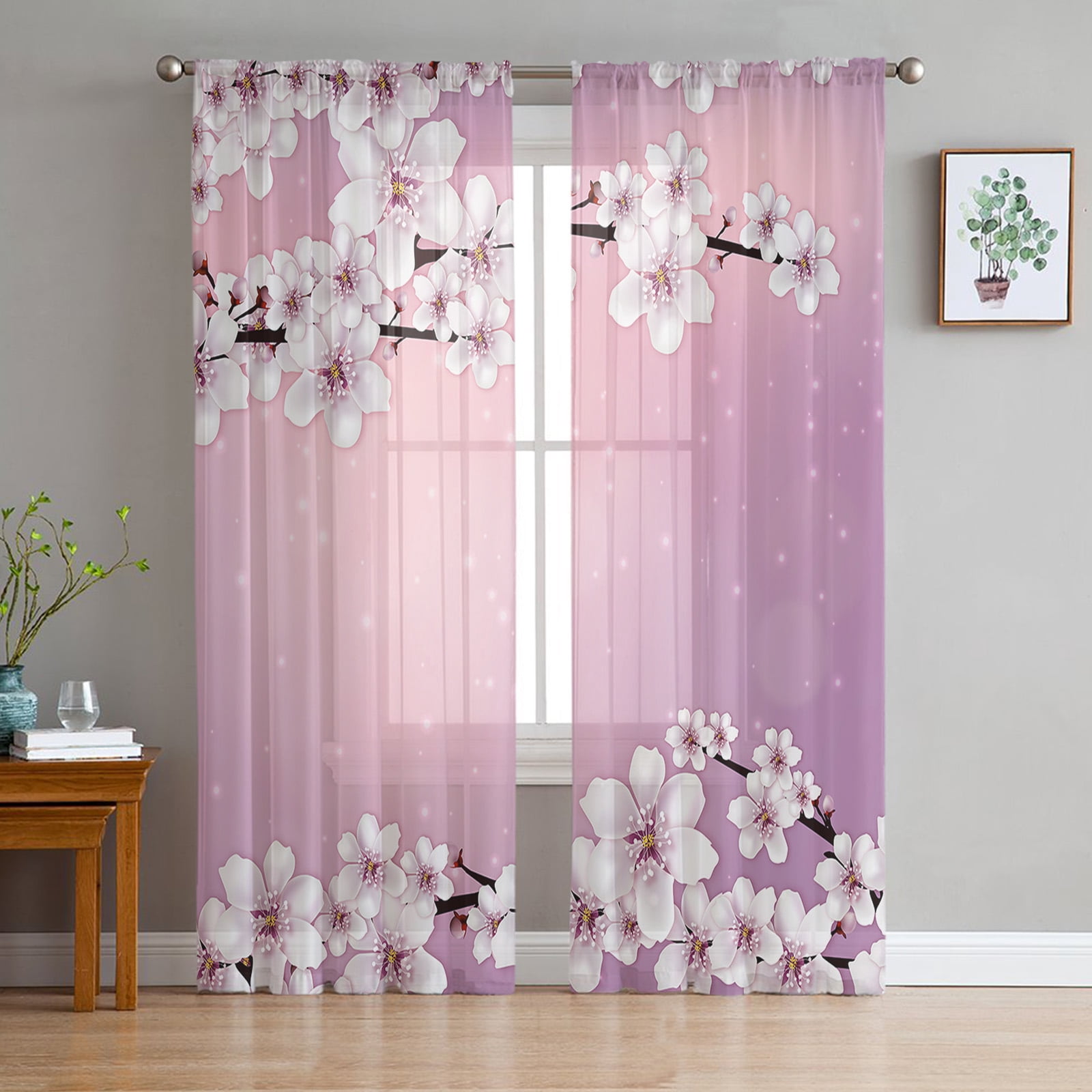 Cherry Blossom Butterfly Pink Tulle Curtains For Living Room Bedroom ...