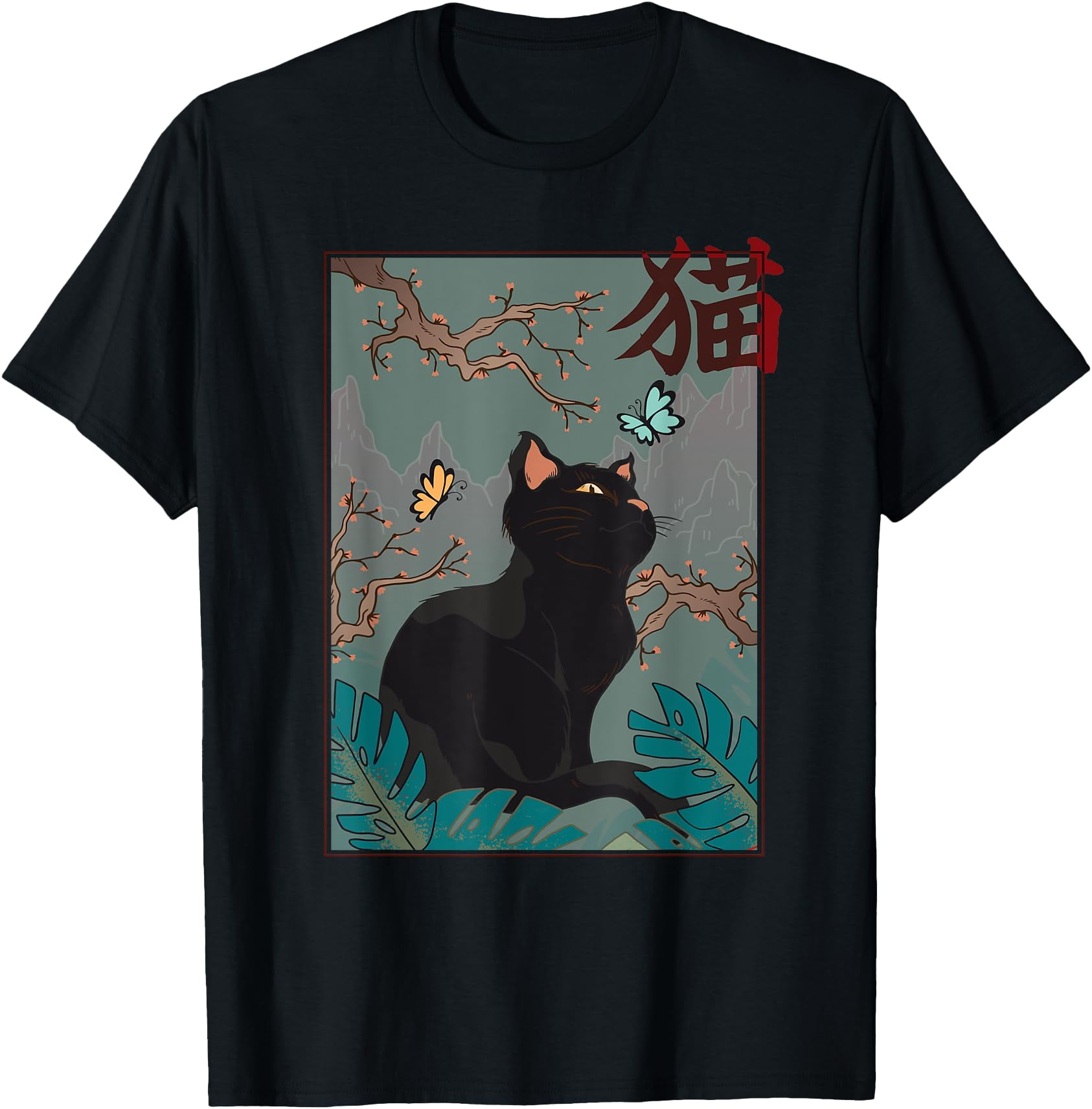 Cherry Blossom Cat Vintage Woodblock Japanese Graphical Art T-Shirt,Red ...